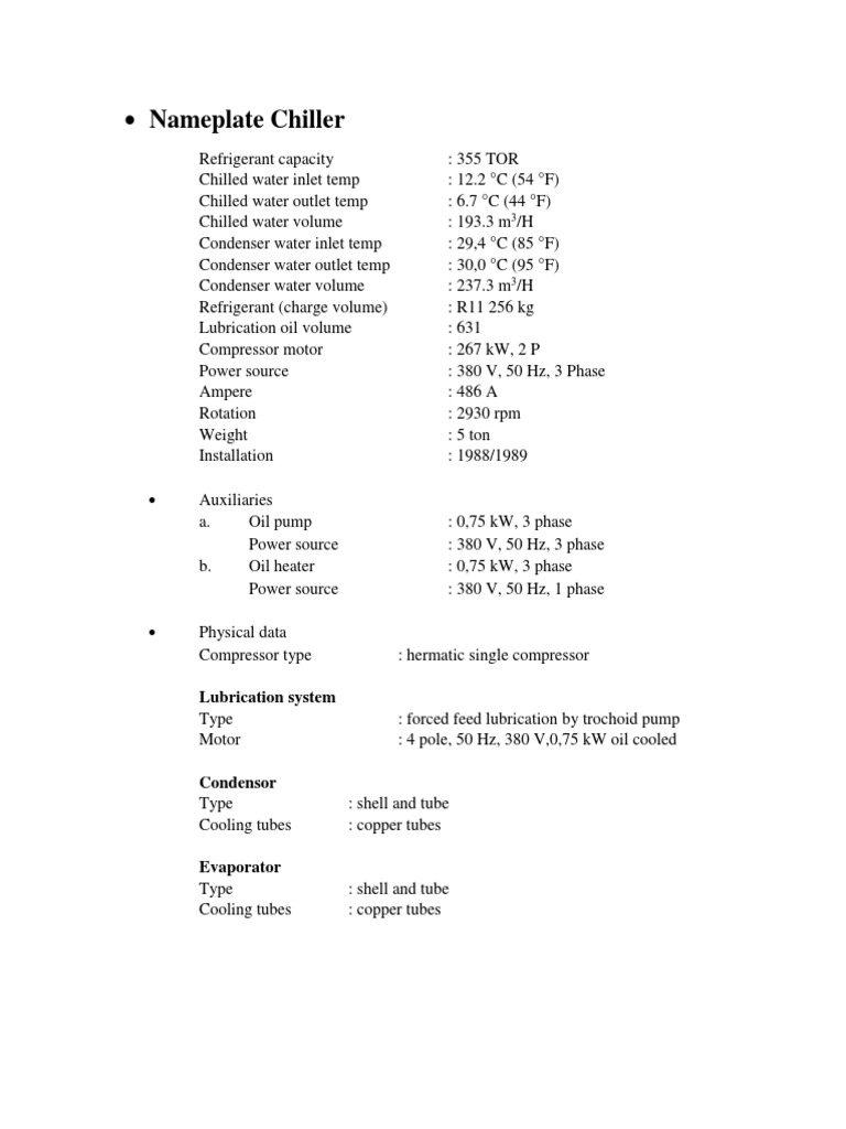 Chiller Nameplate Specifications | PDF