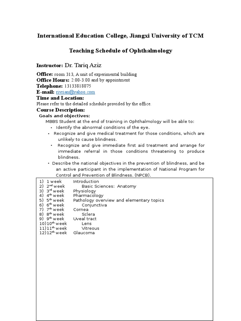 Ophthalmology Course - Schedule | PDF