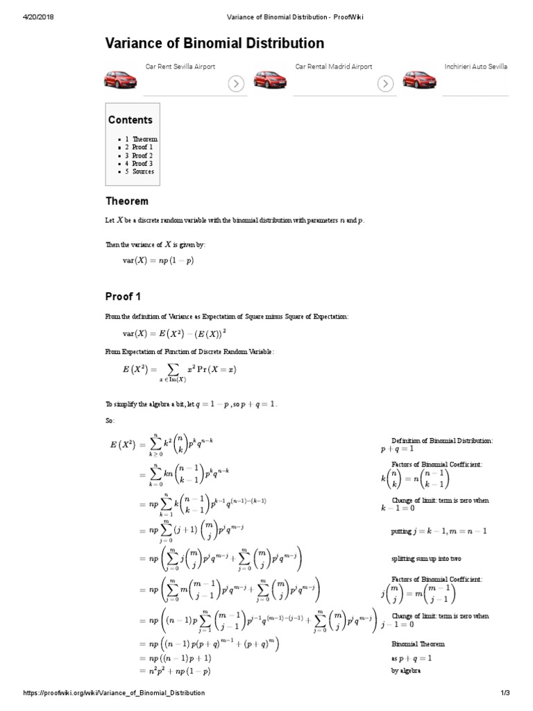Variance of Binomial Distribution - ProofWiki | PDF | Expected Value ...