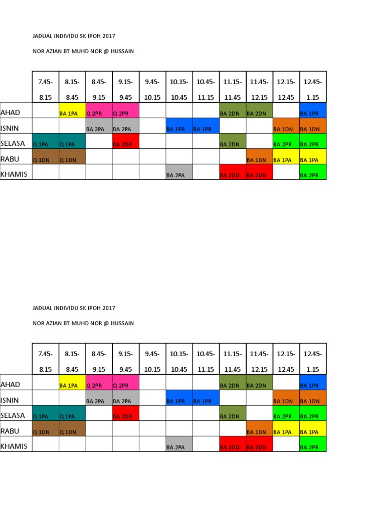 Ahad Isnin Selasa Rabu Khamis: Jadual Individu SK Ipoh 2017 Nor Azian BT Muhd Nor at Hussain | PDF