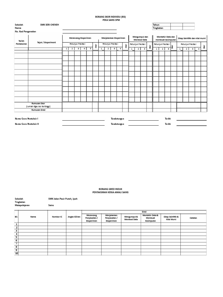 Borang Skor Individu (Bsi) Peka Sains SPM Sekolah SMK Seri Cheneh Nama No. Kad Pengenalan Tahun ...