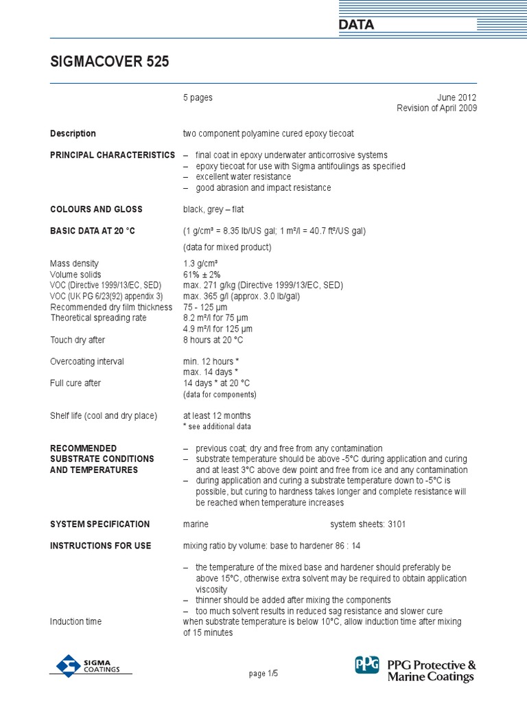Sigmacover 525: Description Principal Characteristics | PDF | Epoxy ...
