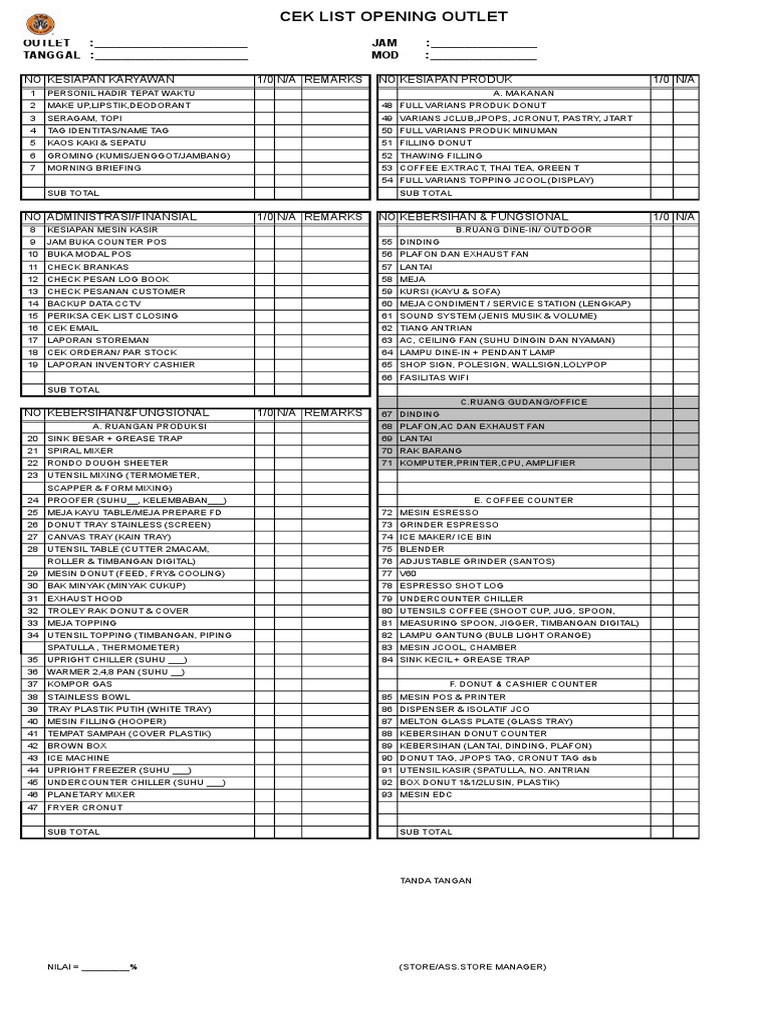 Cek List Opening Closing Done-5 | PDF | Domestic Implements | Tools