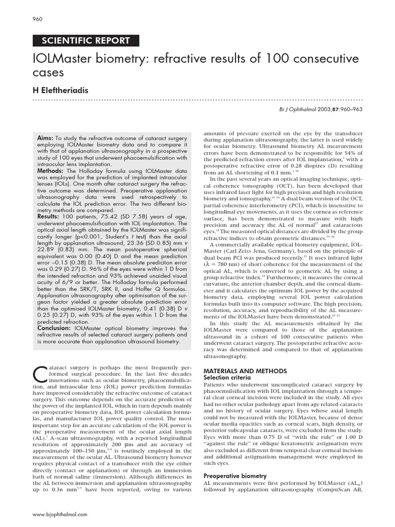 Iolmaster Biometry: Refractive Results of 100 Consecutive Cases | PDF ...