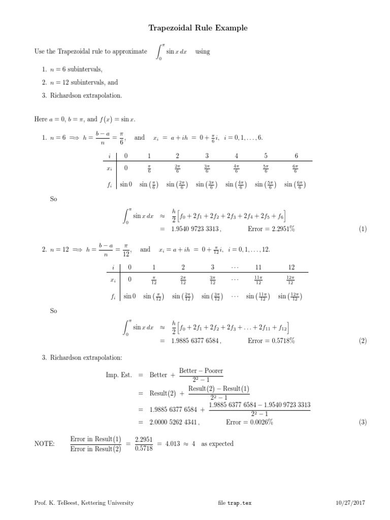 Trapezoidal Rule Example: Prof. K. Tebeest, Kettering University File ...