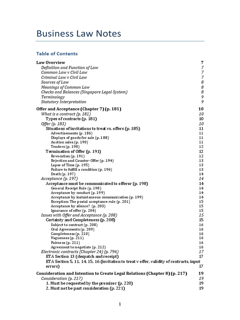 Business Law Notes | PDF | Offer And Acceptance | Contractual Term