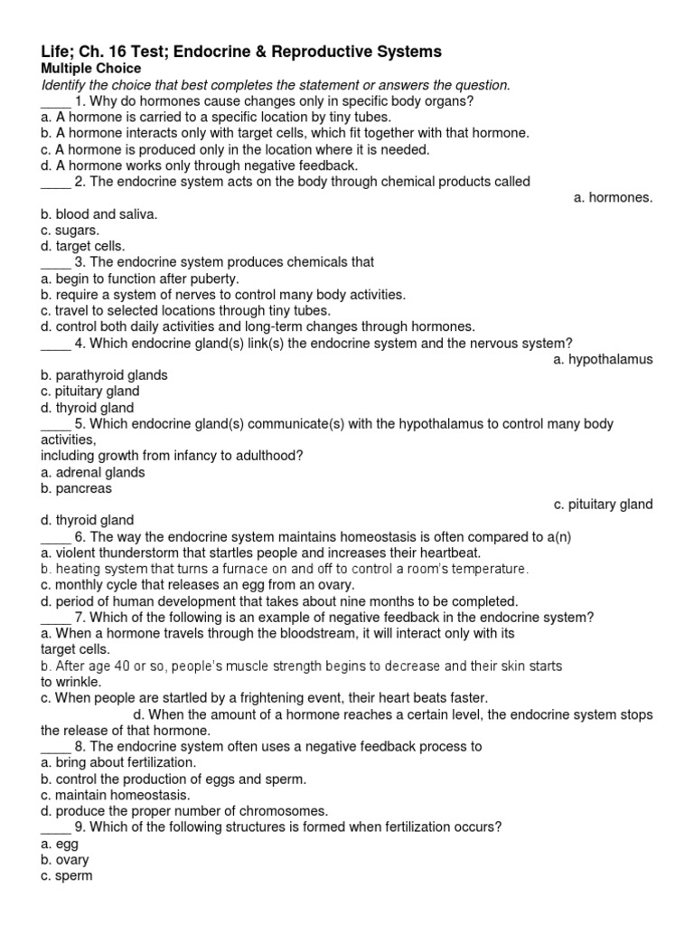 Life Ch. 16 Test; Endocrine & Reproductive | PDF | Endocrine System ...