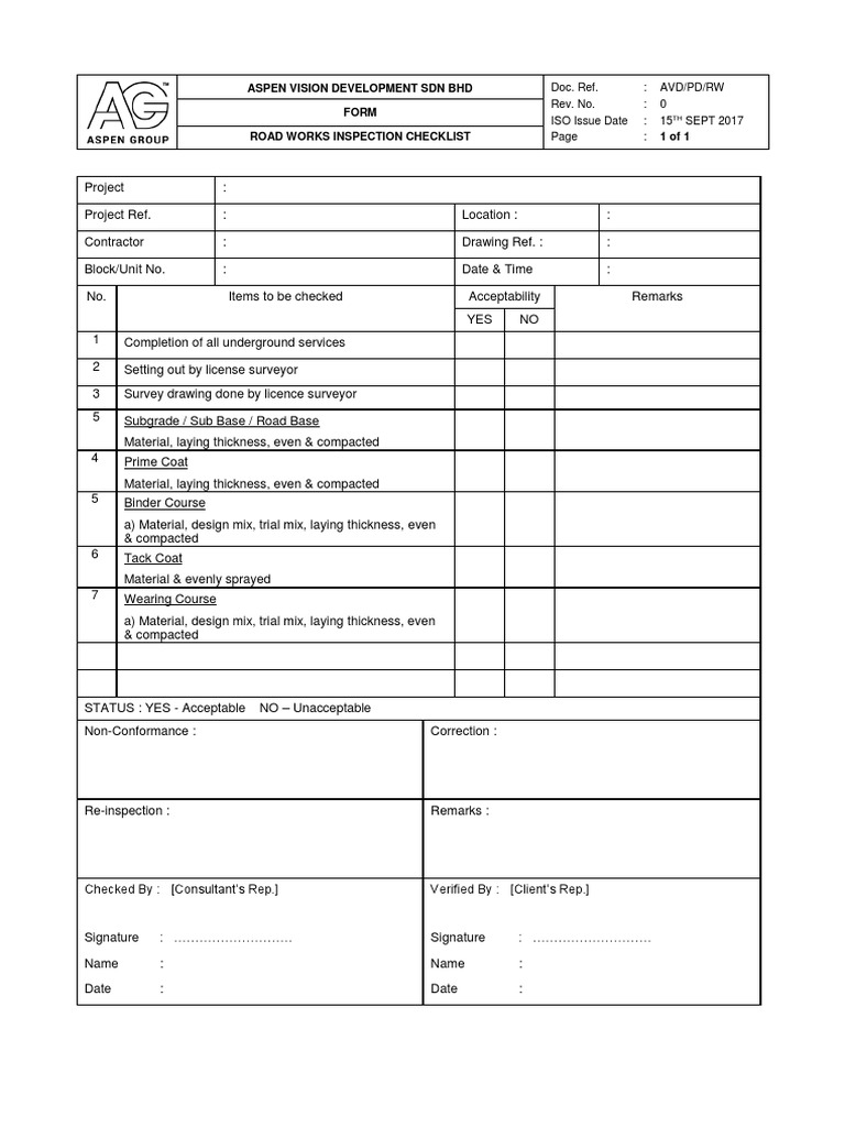 Road Works Inspection Checklist | PDF