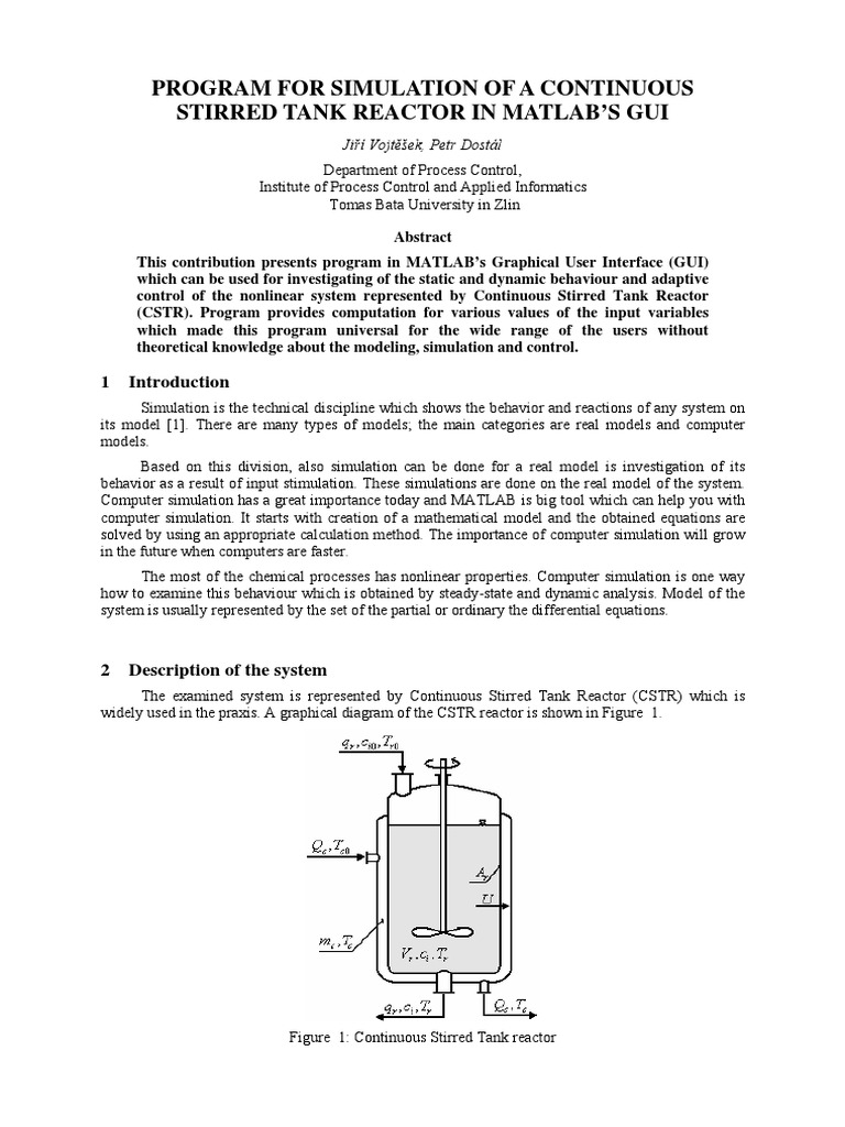 Program For Simulation of A Continuous Stirred Tank Reactor in Matlab'S ...