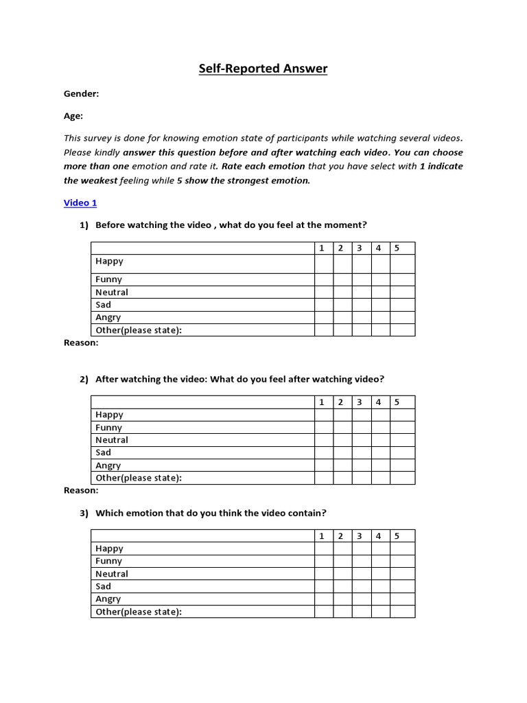 Questionnaire For Grading Emotion | PDF