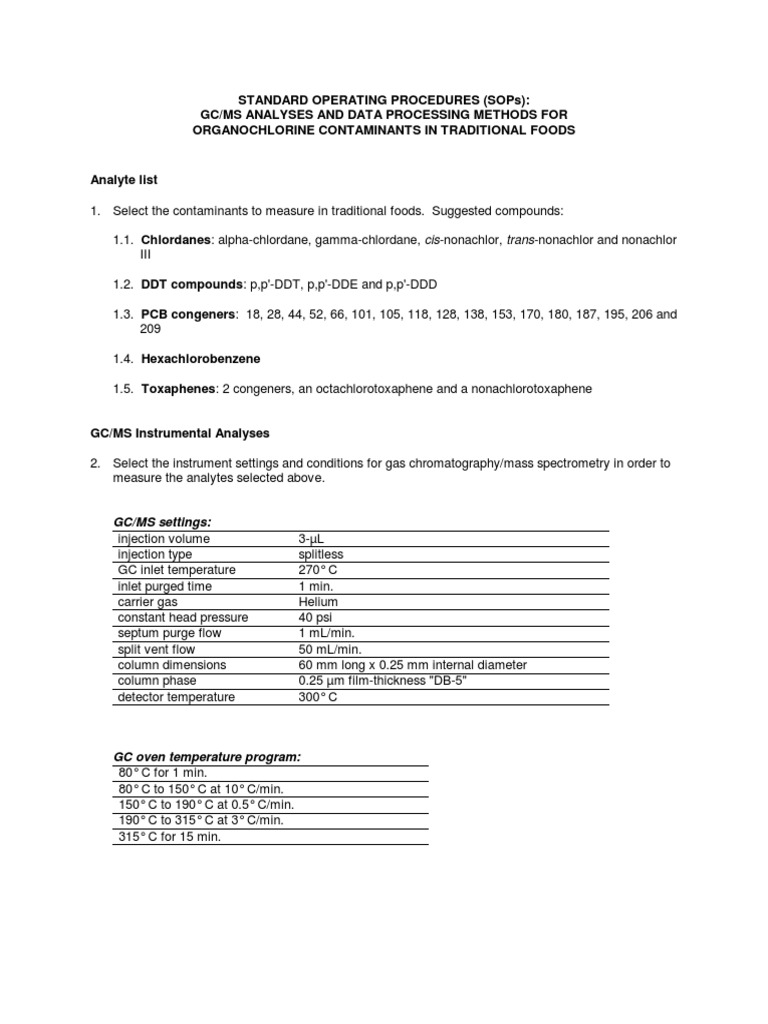 Standard Operating Procedures Sops Gc Ms Analyses Pdf Gas 4139