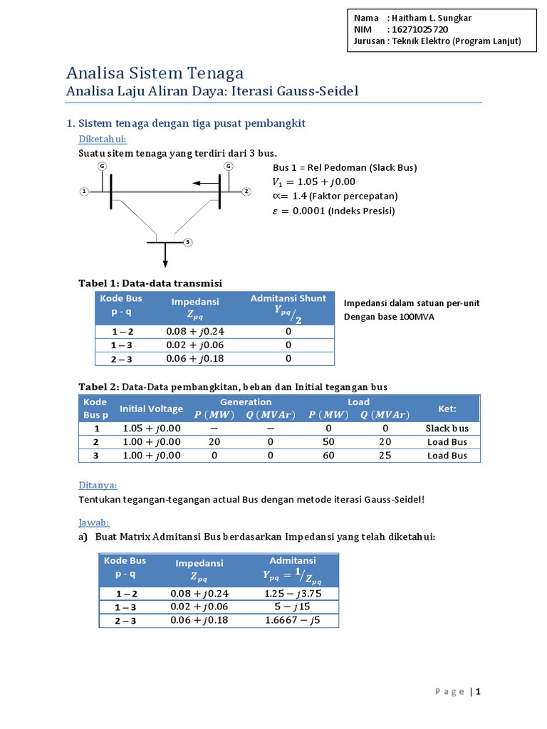 Tugas Pertemuan 3 & 4 Analisa Laju Aliran Daya, Iterasi Gauss-Seidel ...