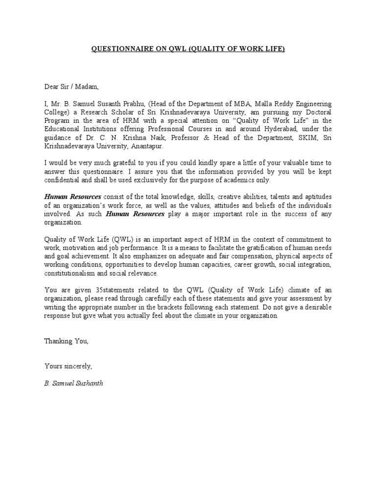 Questionnaire On QWL - New2 | PDF | Motivation | Motivational