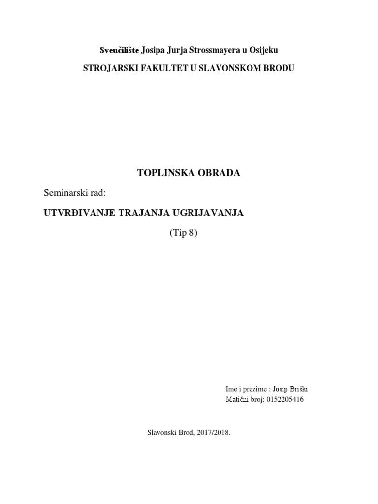 Toplinska Obrada Seminarski Rad SFSB | PDF