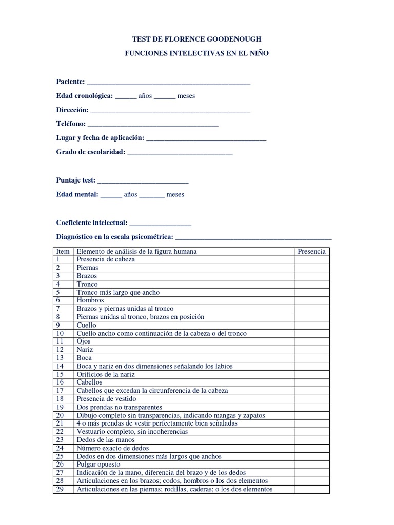 Test de Florence Goodenough Protocolo de Calificación e Interpretación ...