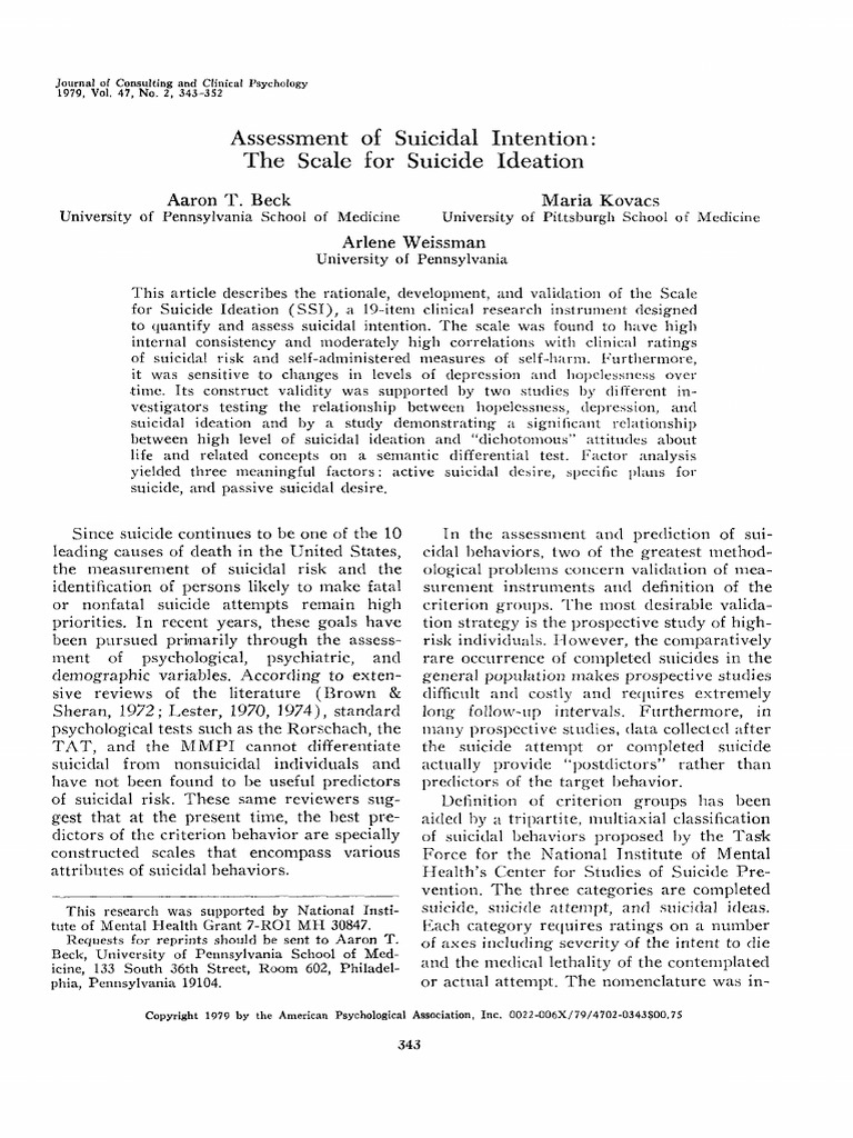 Beck Et Al 1979 Assessment of Suicidal Intention - The Scale For ...