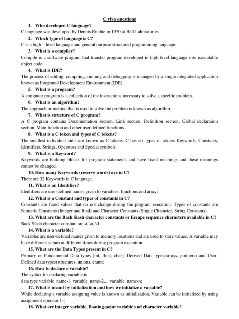 Programming In C Viva Pdf C Programming Language Control Flow