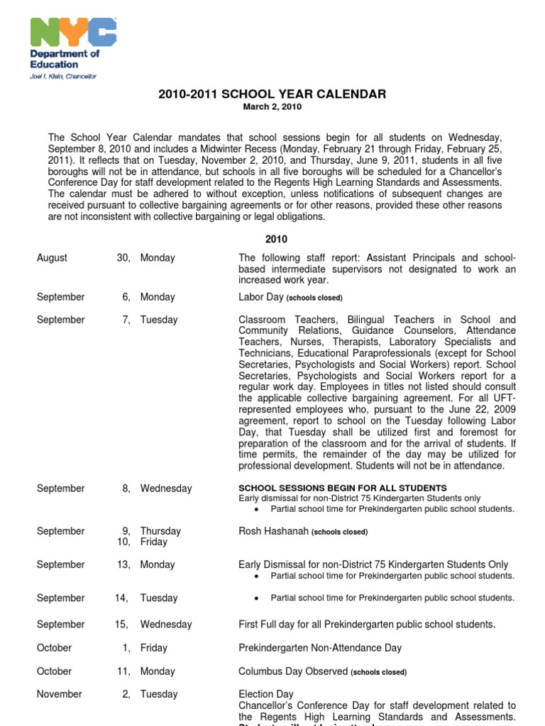 2010-2011 School Year Calendar | PDF