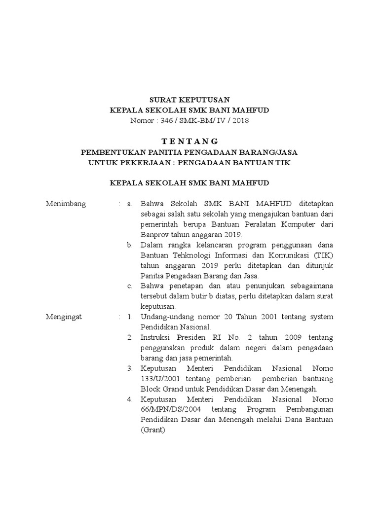 Contoh Sk Pengadaan Barang Dan Jasa 2018 - Rajin Belajar