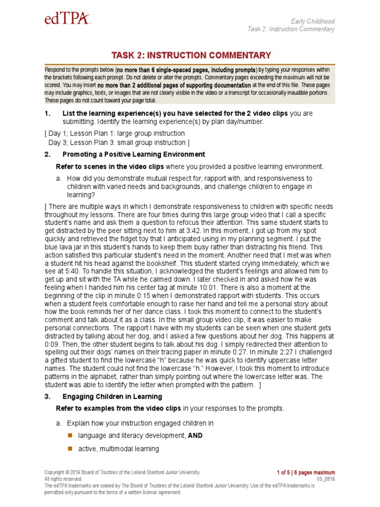 Early Childhood Task 2: Instruction Commentary | PDF | Literacy ...