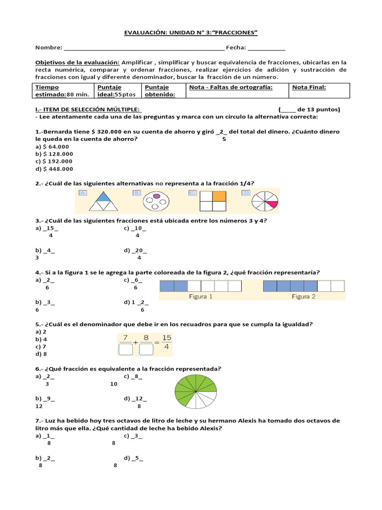Prueba de Fracciones | PDF | Fracción (Matemáticas) | Enseñanza de ...