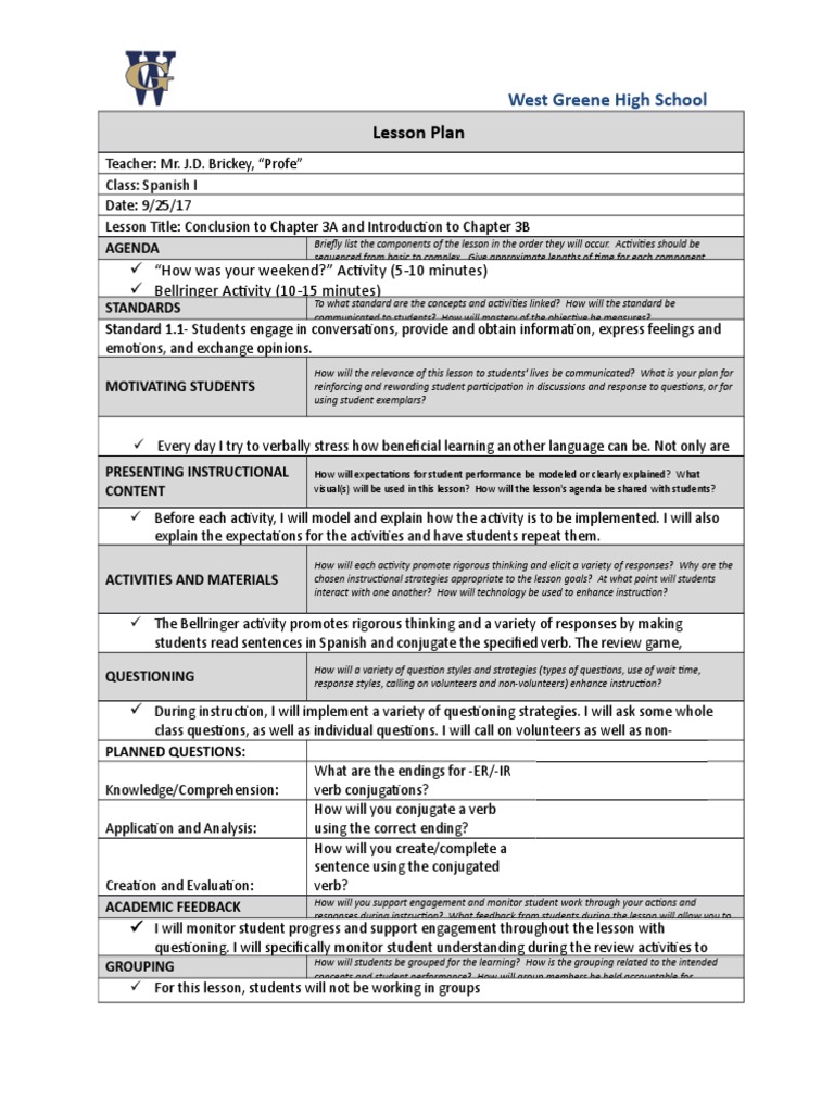 Evaluation 1 Lesson Plan | PDF | Lesson Plan | Question