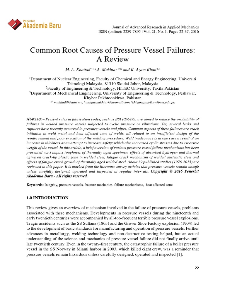 Common Root Causes of Pressure Vessel Failures: A Review: Akademia Baru ...