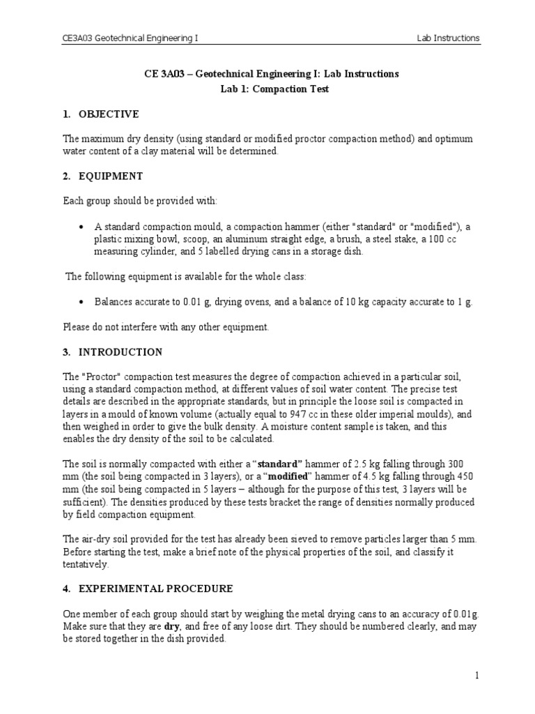 CE 3A03 - Geotechnical Engineering I: Lab Instructions Lab 1 ...