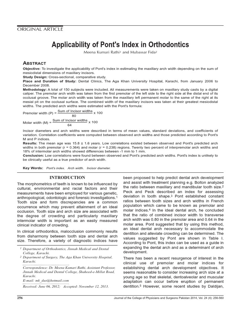 Applicability of Pont's Index in Orthodontics | Coefficient Of ...