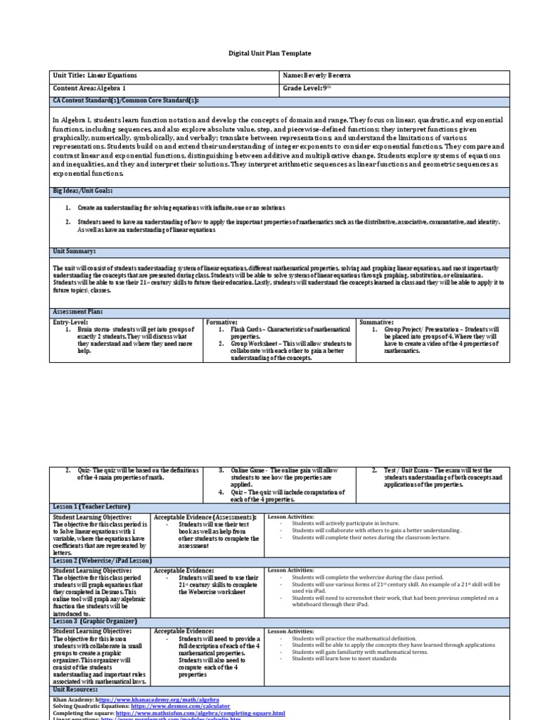 Digital Unit Plan Template Unit Title: Linear Equations Name: Beverly ...