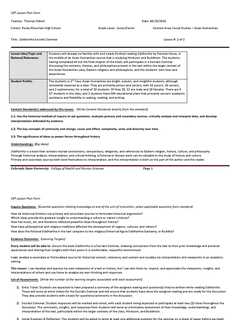 Siddhartha Socratic Seminar Lesson Plan 1 | PDF | Conversation | Lesson ...
