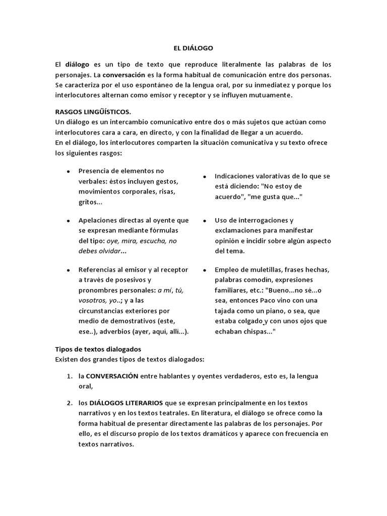 El diálogo: características y tipos | PDF | Monólogo | Teatro