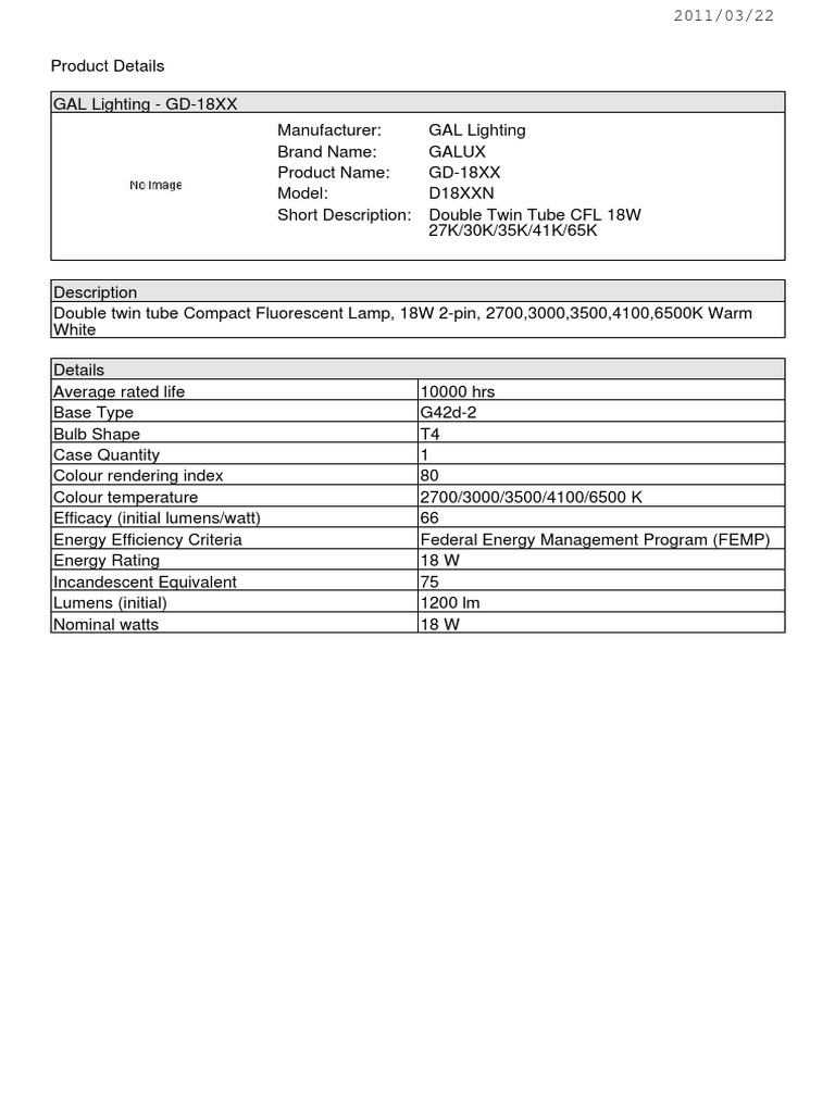 Double Twin Tube CFL 18W Specification Sheet | PDF | Compact ...