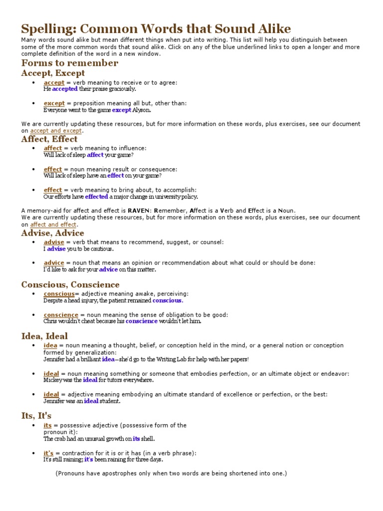 Spelling: Common Words That Sound Alike: Forms To Remember | PDF | Verb ...