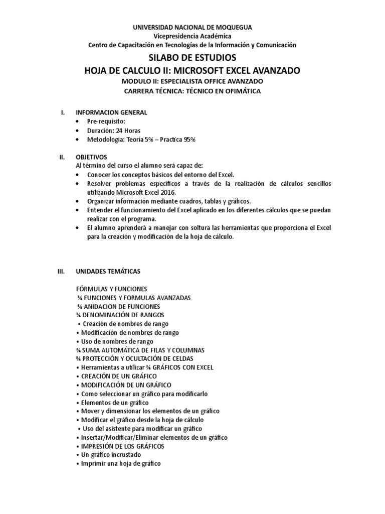 Modulo I - Silabo Ms Excel 2016 - Basico | PDF | Microsoft Excel | Hoja de cálculo