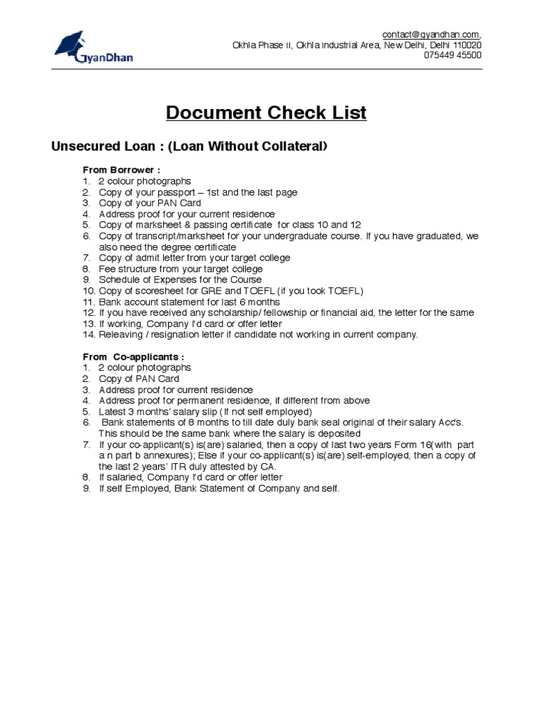 GyanDhan Document Checklist | PDF | Banks | Loans
