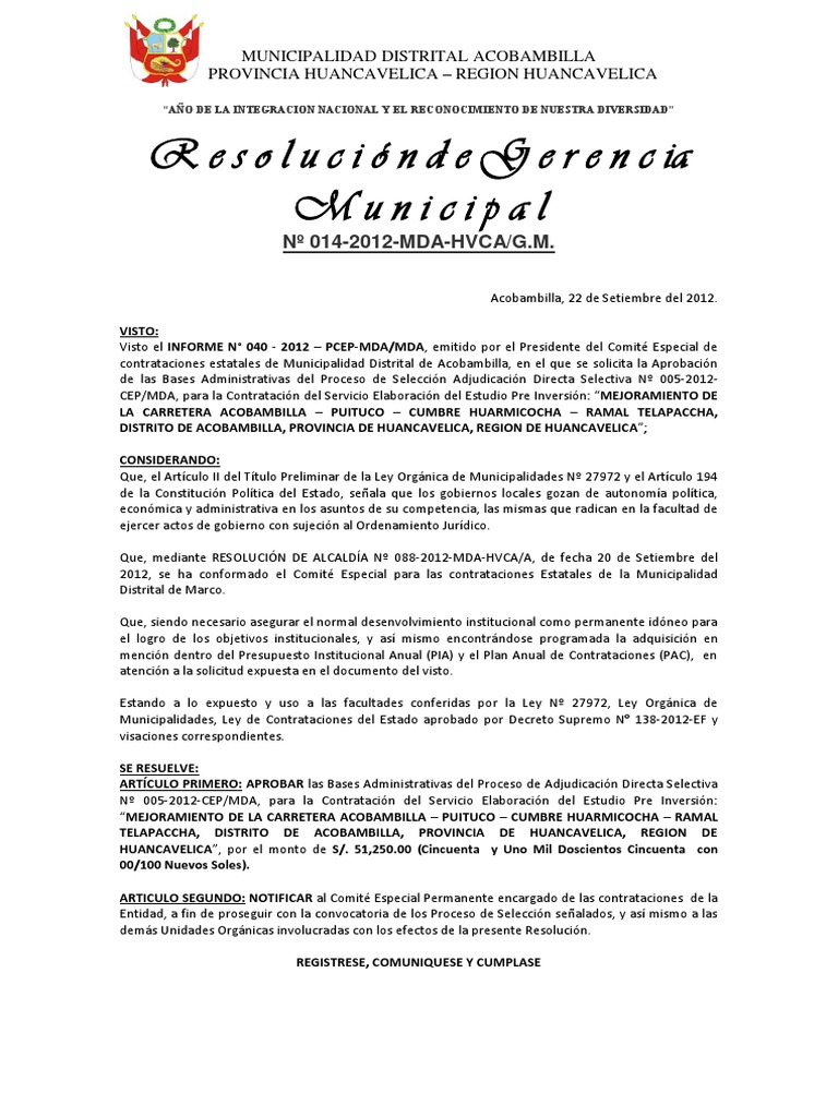 Resolucion de Aprobacion de Bases | PDF | Gobierno local | Gobierno Resolucion de Aprobacion de Bases | PDF | Gobierno local | Gobierno