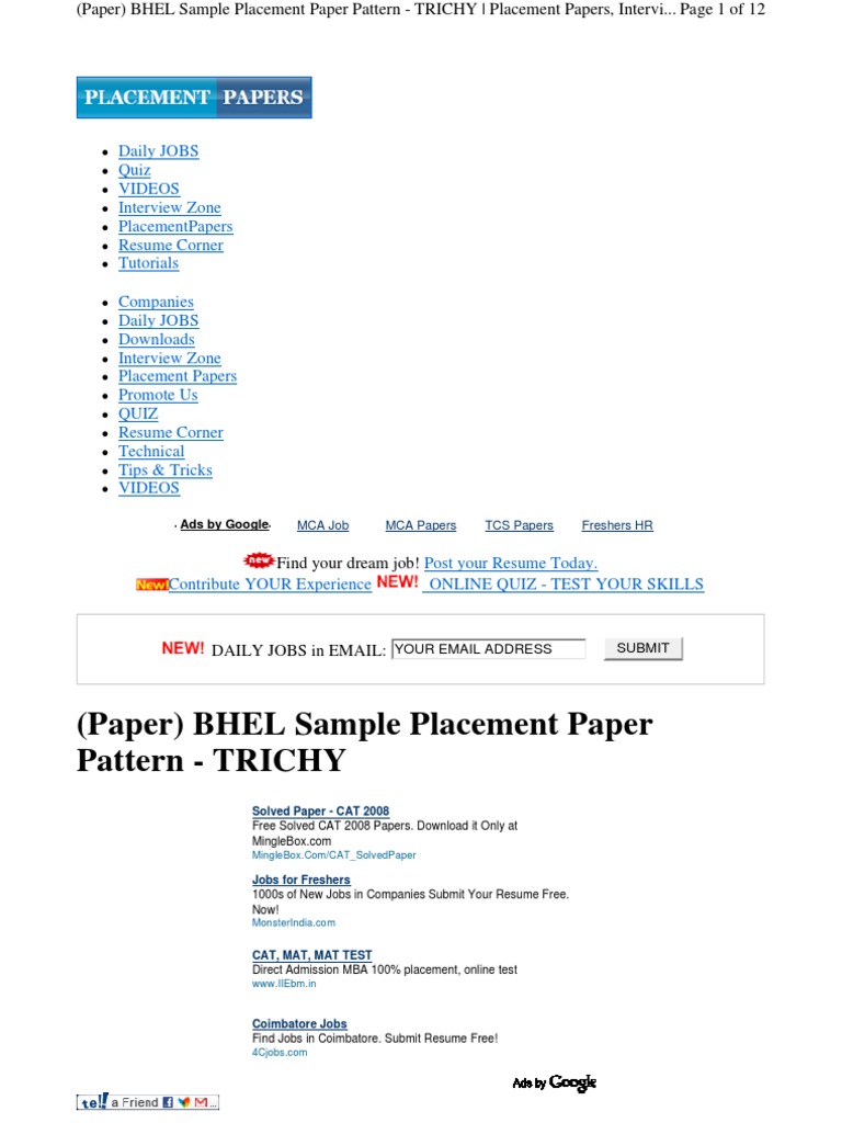 BHEL Sample Placement Paper | PDF | Gear | Mechanical Engineering
