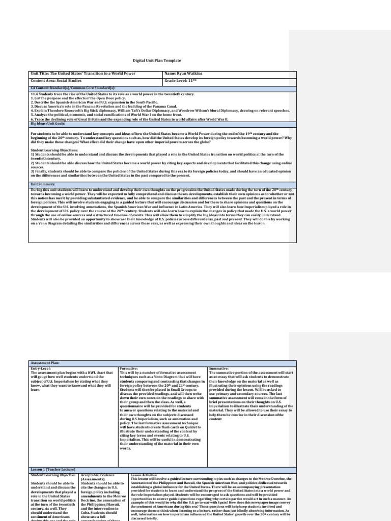 U.S. Transition to World Power Unit Plan | PDF | Educational Assessment ...