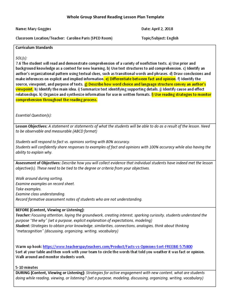 Whole Group Shared Reading Lesson Plan Template | PDF | Reading ...