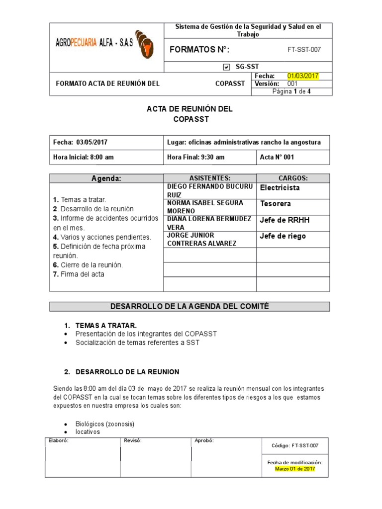 001 Acta de Reunión Del COPASST | PDF | Ántrax | Rtt