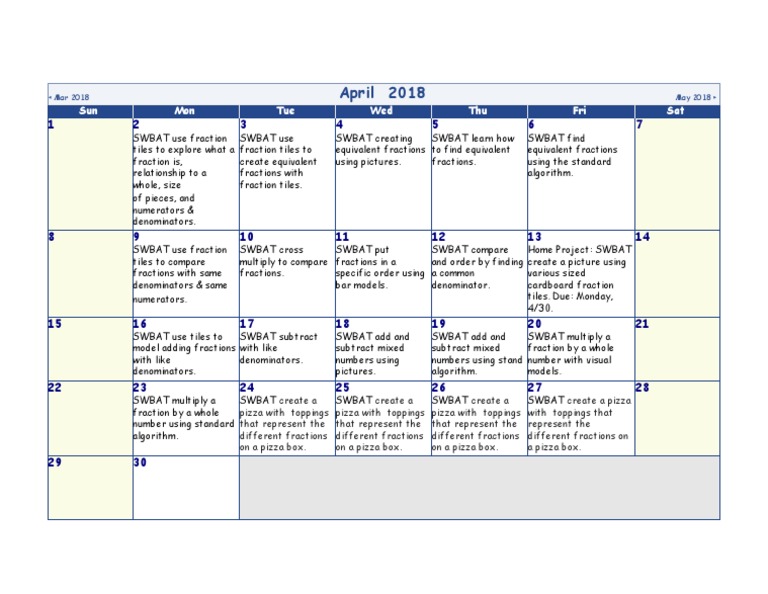 April 2018 Calendar | PDF | Fraction (Mathematics) | Division (Mathematics)