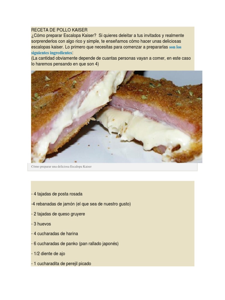Receta de Escalopa Kaiser de Pollo | PDF | Carne | Panes