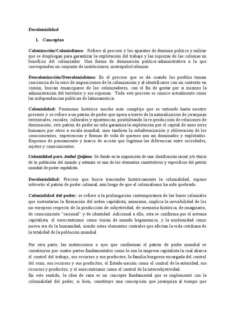 Resumen Decolonialidad | PDF | marxismo | Poder (social y político)