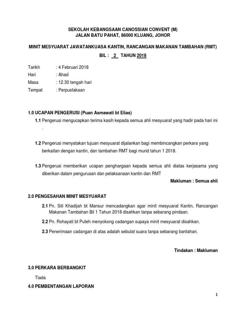 Minit Mesyuarat RMT Kali Ke 2 2018 | PDF