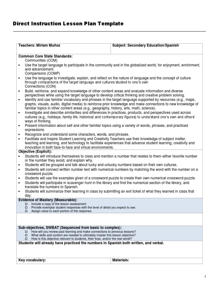 Direct Instruction Lesson Plan Template | PDF | Teachers | Lesson Plan