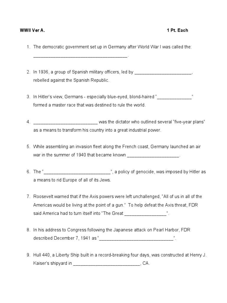Version A - Wwii Exam | PDF | World War II | Allies Of World War II