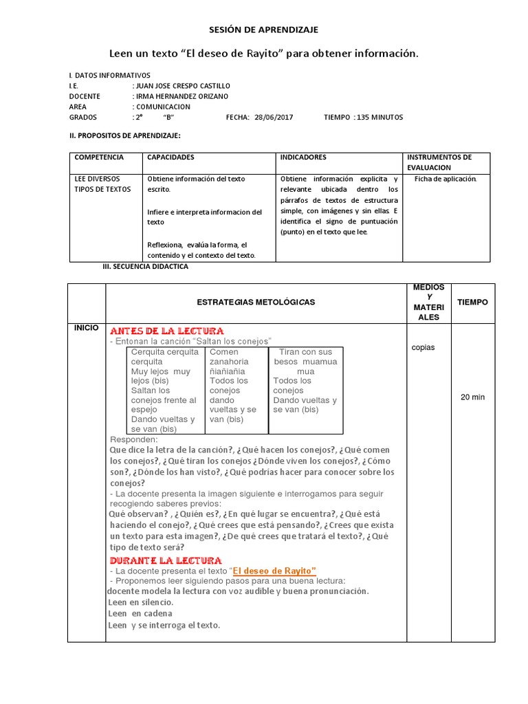 SESIÓN DE APRENDIZAJE Deseo de Rayito | PDF | Lectura (proceso) | Cognición