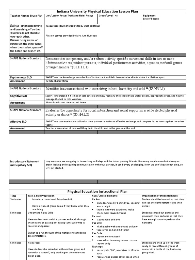 Indiana University Physical Education Lesson Plan: Teacher Name: Bryce ...