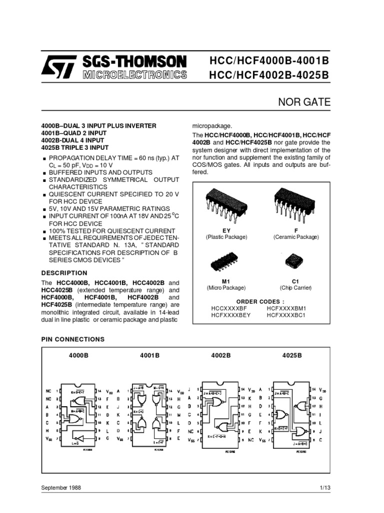 HCC/HCF4000B-4001B HCC/HCF4002B-4025B: Nor Gate | PDF | Logic Gate | Cmos
